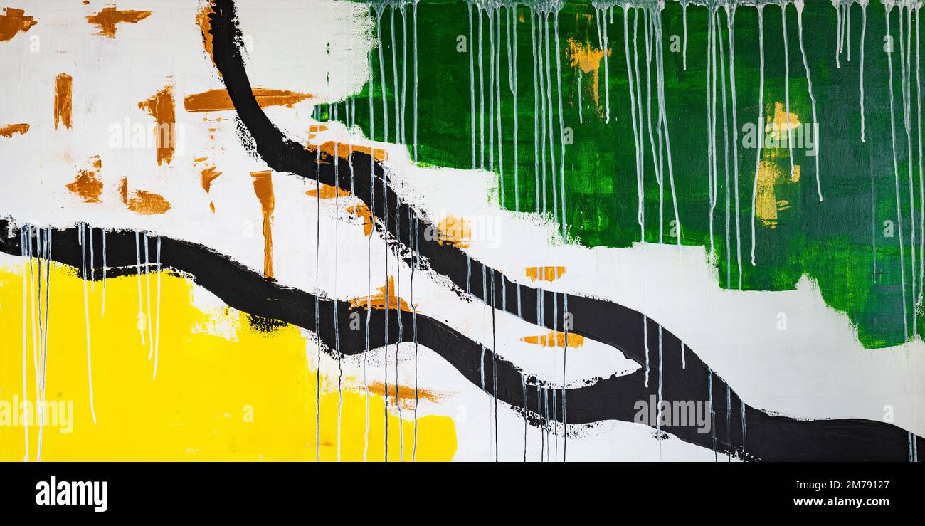 Abstract yellow, green, black acrylic painting on canvas Stock Photo ...