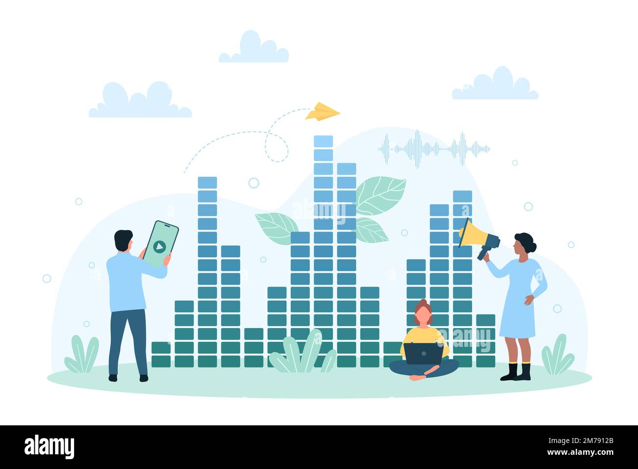 Studio graphic equalizer vector illustration. Cartoon tiny people ...