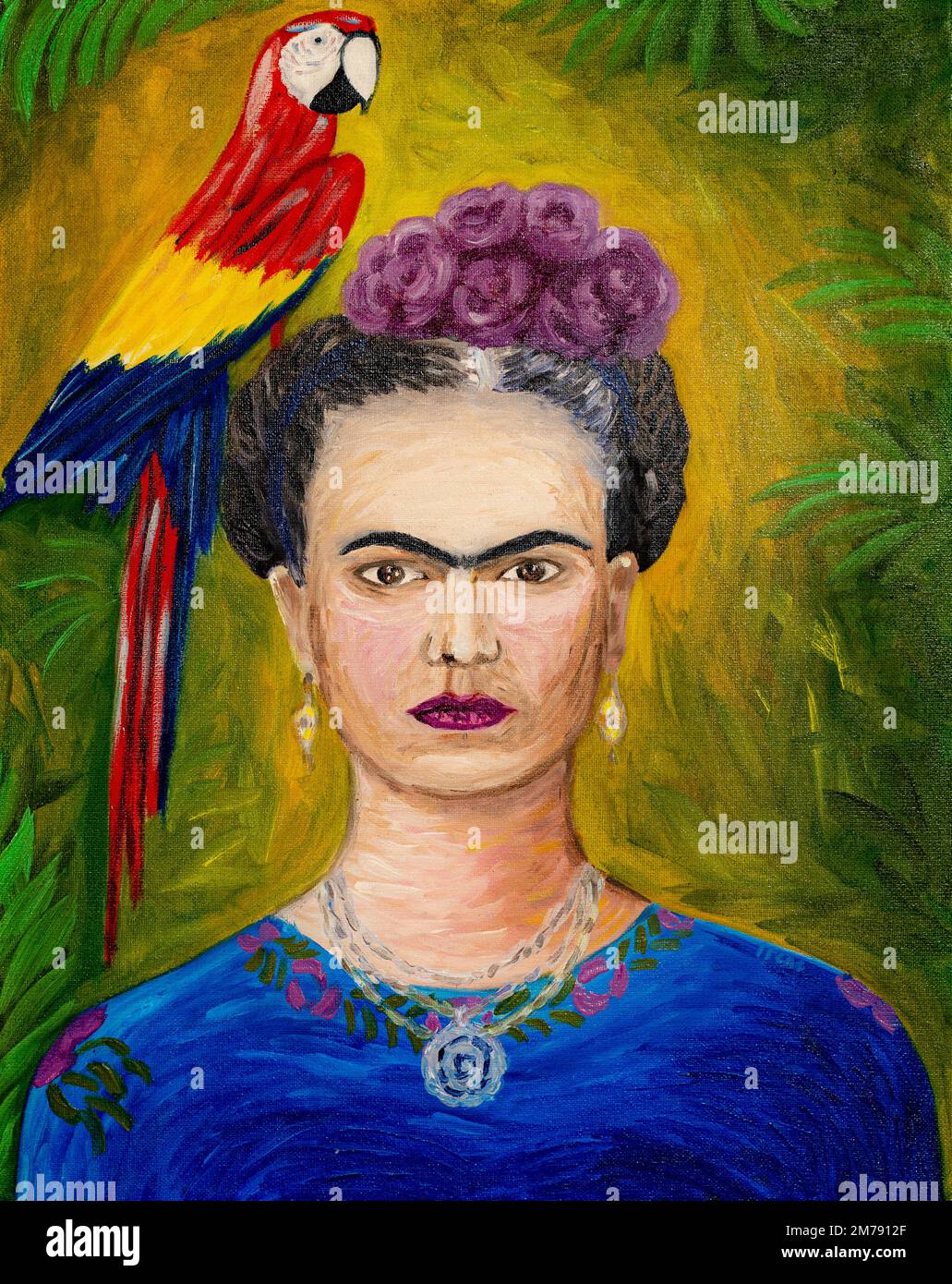 Young mexican woman and ara parrot portrait, oil painting Stock Photo ...