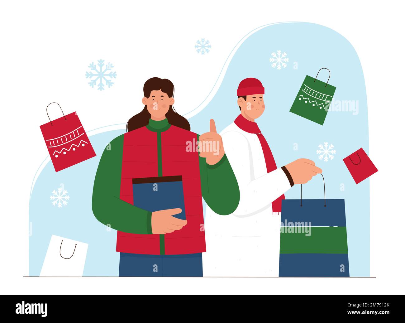 Winter sales in shop vector illustration. Cartoon happy customers in ...