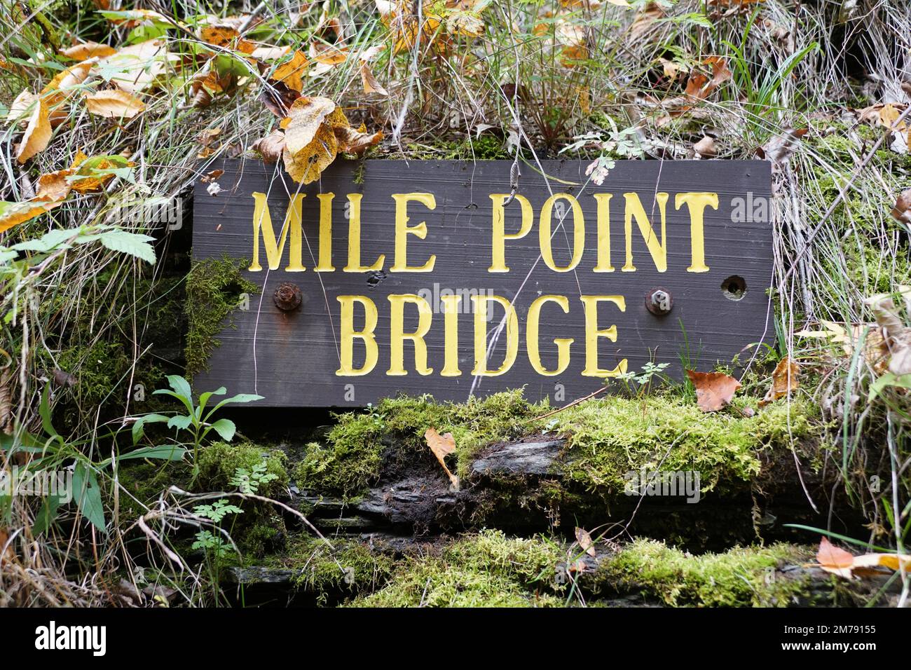 New York, U.S.A - October 17, 2022 - The Mile Point Bridge wooden sign ...