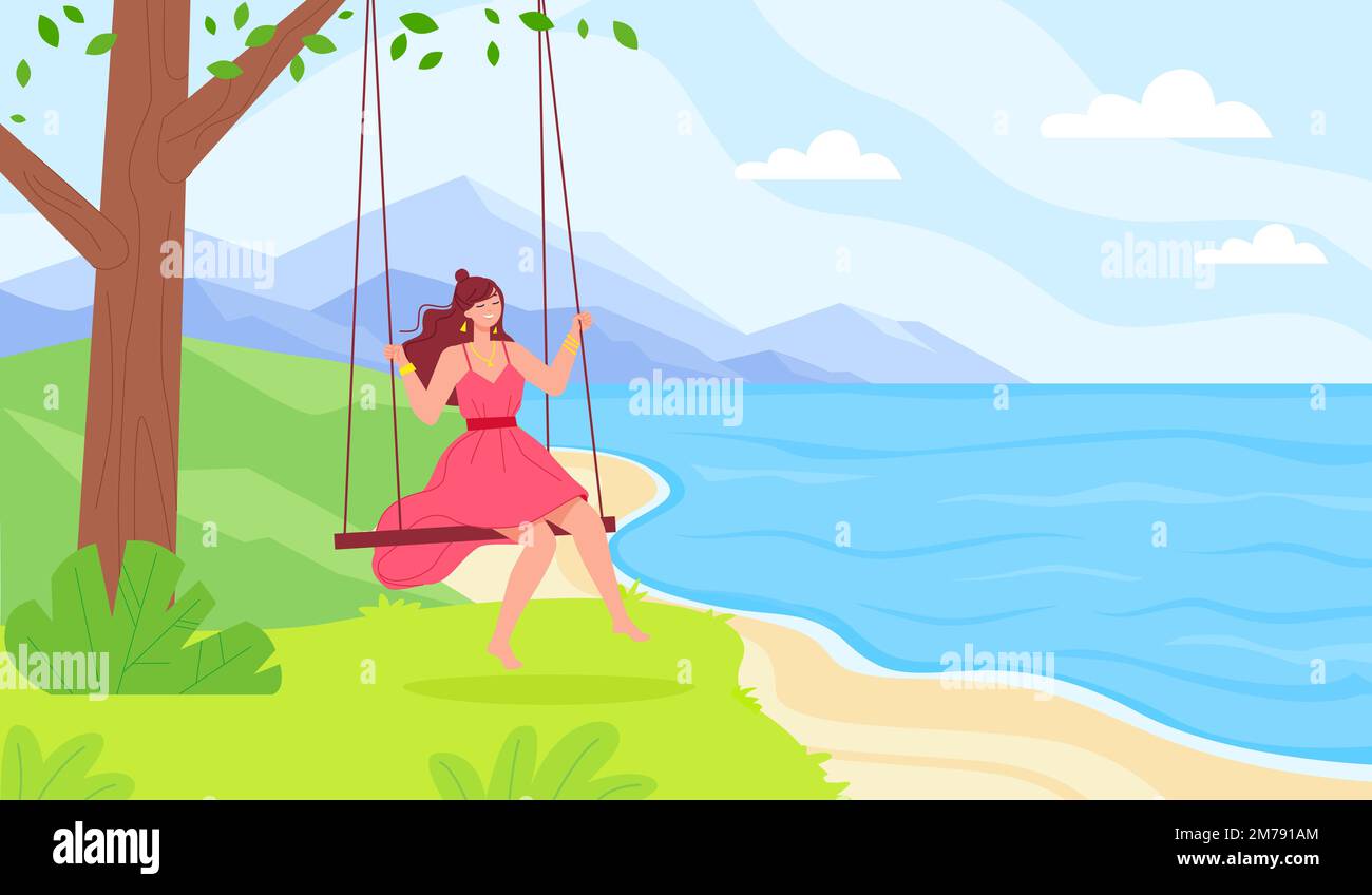 Woman on seesaw. Happy lady with long hair leaving city for enjoying ...