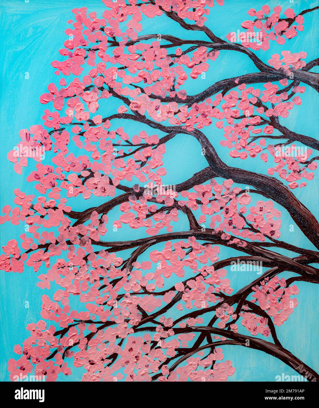 Sakura Tree Blossom and blue sky, oil painting Stock Photo - Alamy