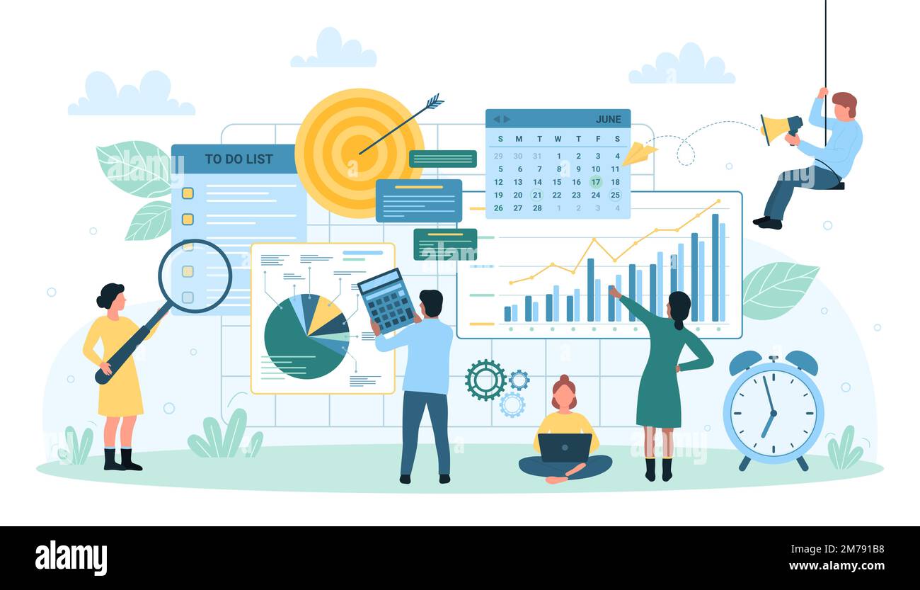 Task planning productivity of business team vector illustration. Cartoon tiny people work with ...