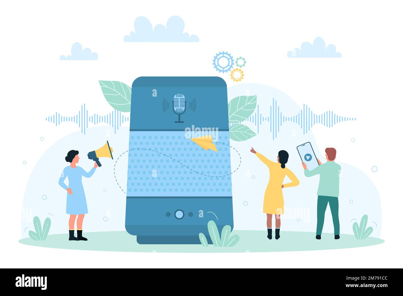 Smart voice personal assistant, AI recognition vector illustration. Cartoon tiny people control ...