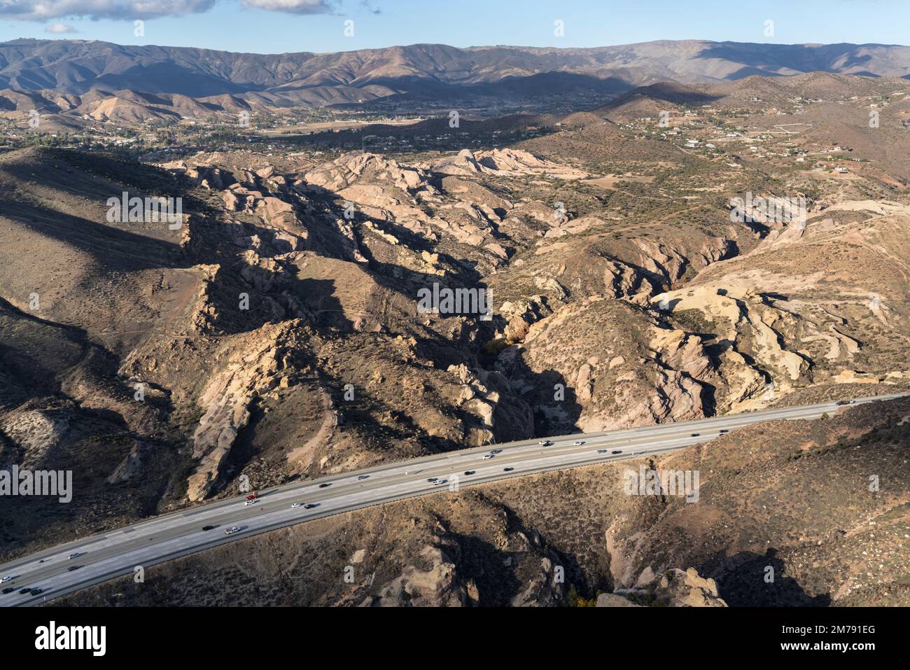 Aerial view of Vasquez Rocks County Park and the 14 Freeway near Agua ...