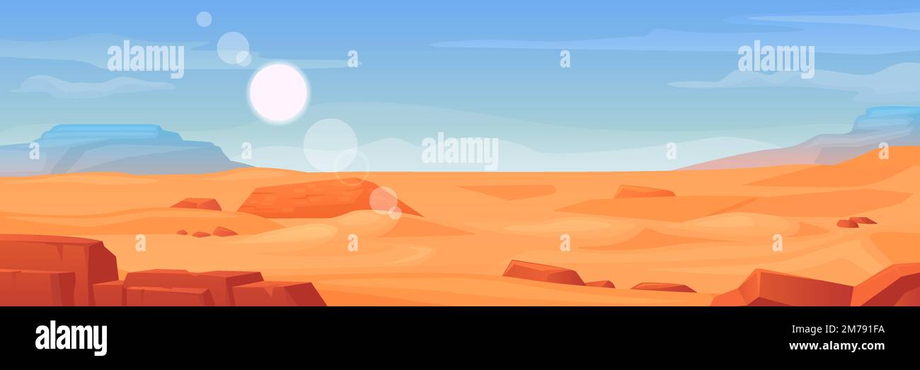 Cartoon Desert Land Panorama Landscape Of Mexico Yellow Sand With Dry