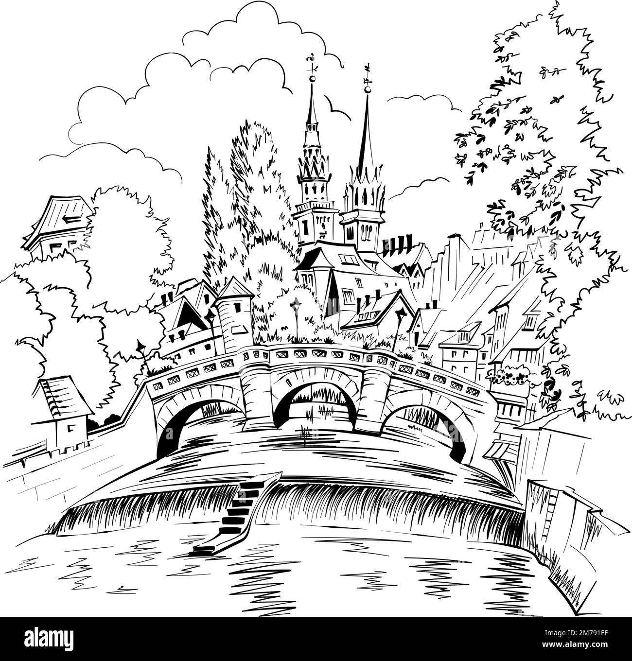 Vector black and white sketch of Old Town of Nuremberg with Max Bridge ...