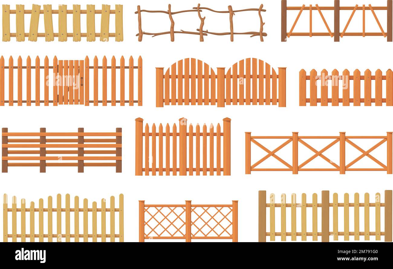 Wooden enclosures. Wood fence, timber palisade garden railing cartoon ...