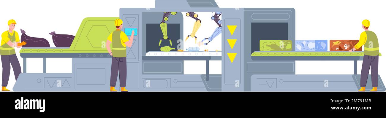 Garbage sorting conveyor. Workers of facility waste recycling, sorting machine for separation ...