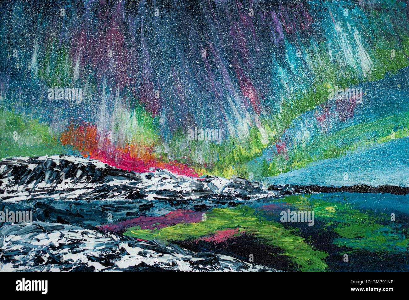 Northern lights in Alaska, oil painting Stock Photo - Alamy