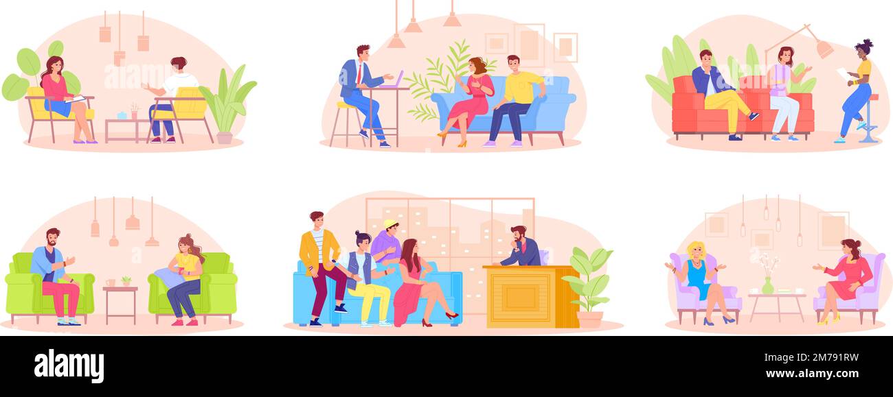 Celebrity interview. TV presenter interviewing famous guests sitting on ...