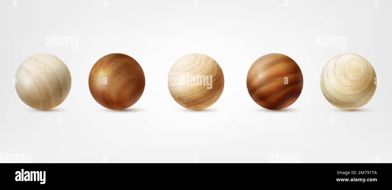 Realistic wooden balls. 3d samples wood ball, brown sphere variety ...