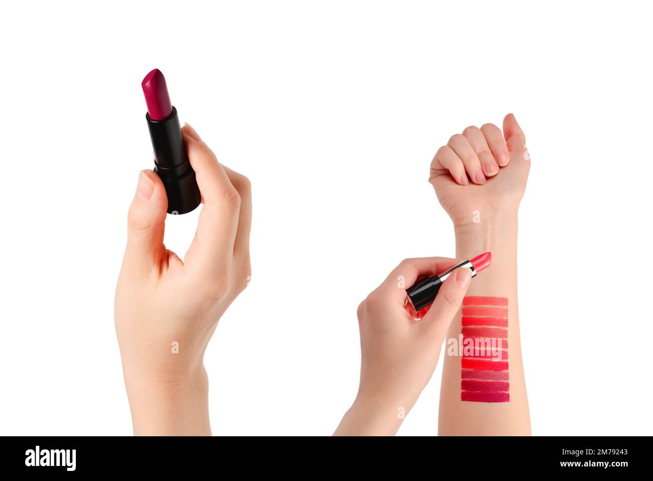 Lipstick swatches on woman hand isolated on white background Stock ...