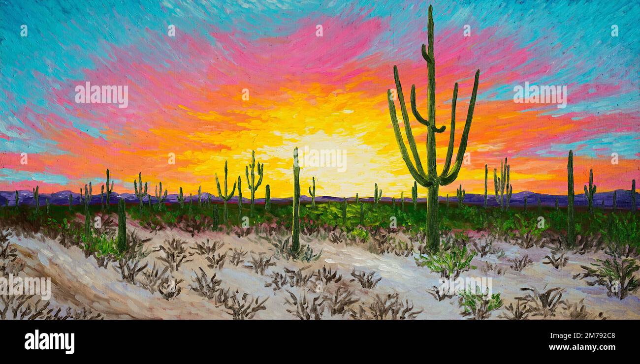 Arizona desert at sunset, oil painting Stock Photo - Alamy