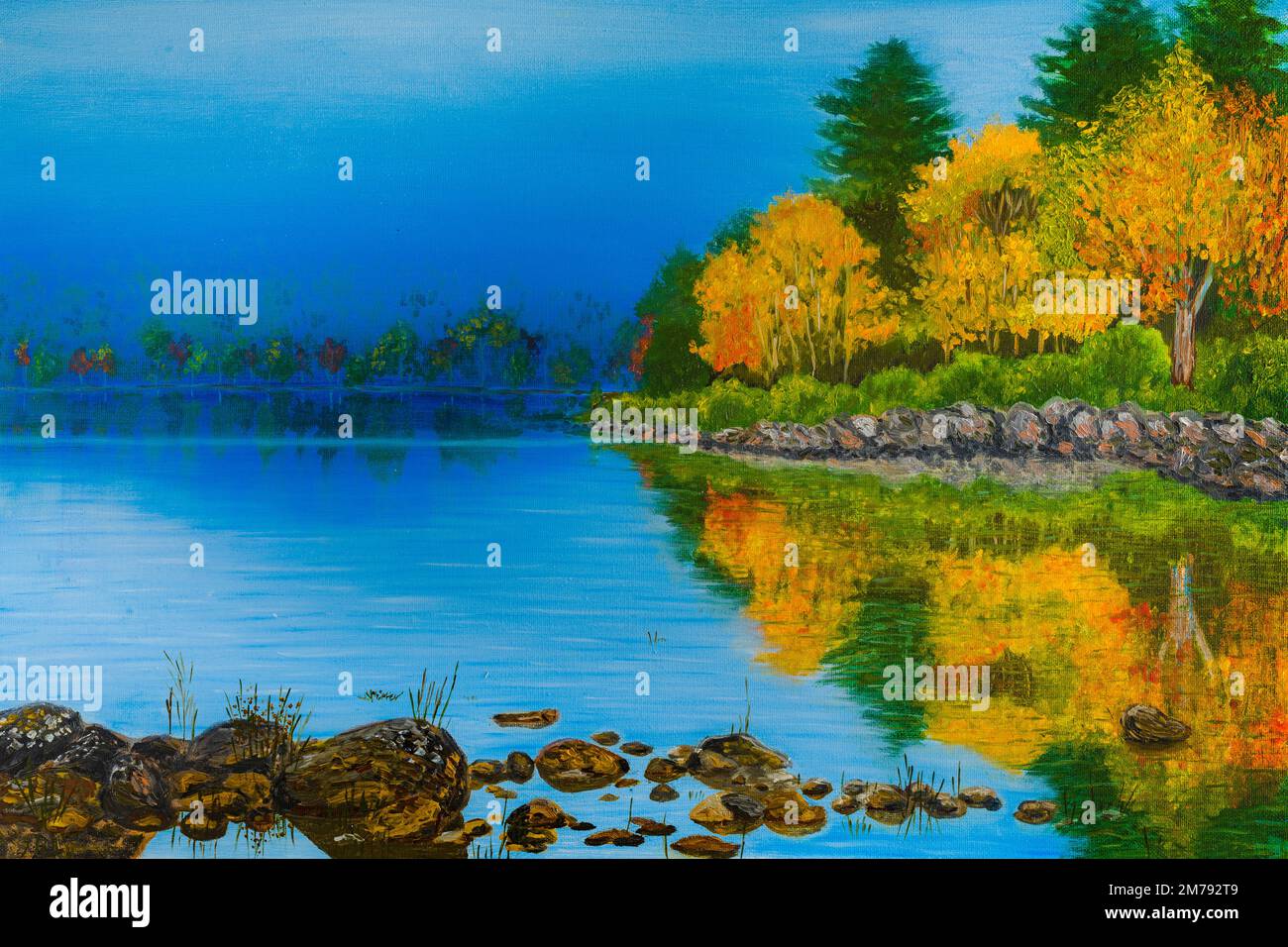 Autumn water reflection in the forest, oil painting Stock Photo - Alamy