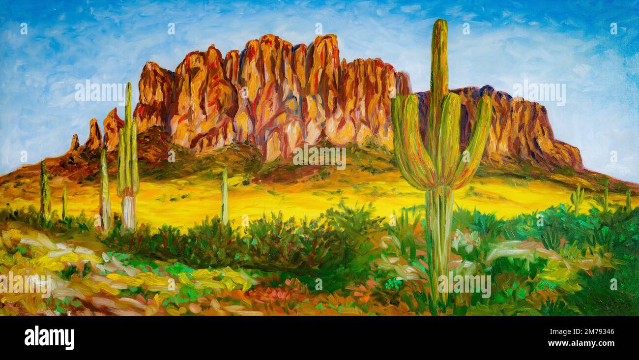 Arizona Sedona desert mountain landscape, Superstition Mountains, oil ...
