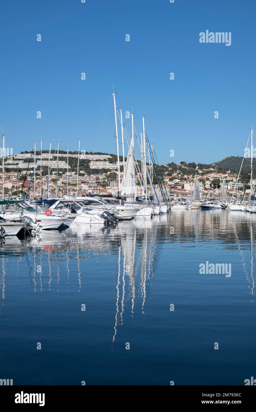 Marina of Bandol with copy space in the blue sky, France, a travel ...