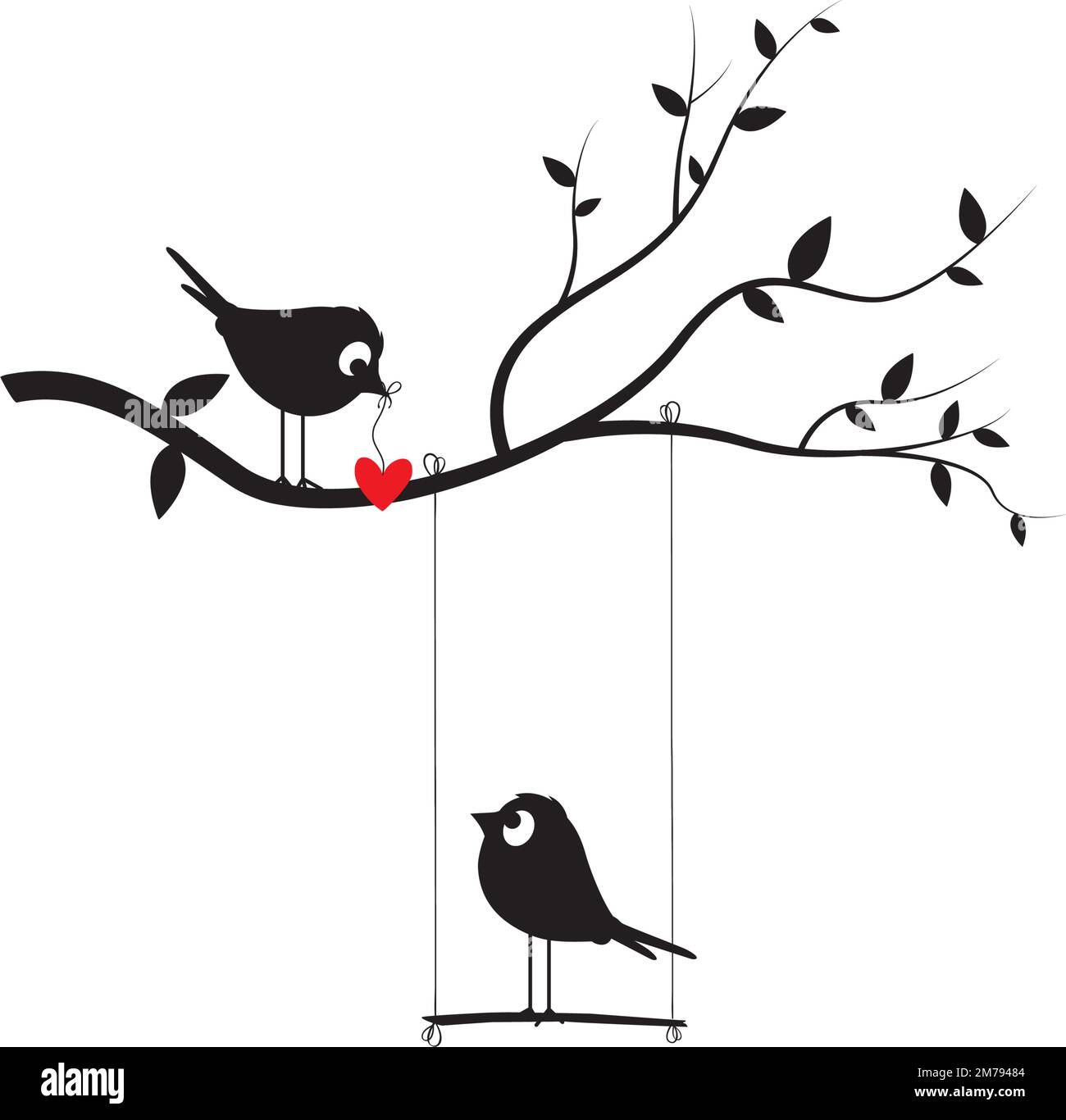 Birds couple on swing on branch holding heart, vector. Fun cartoon art ...