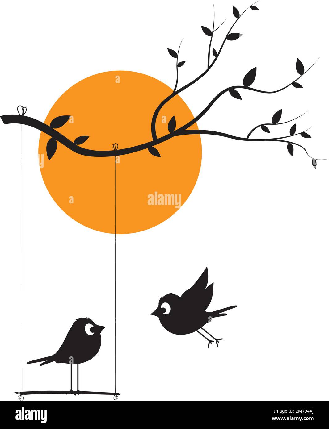 Birds couple on swing on branch on sunset, vector. fun cartoon art ...