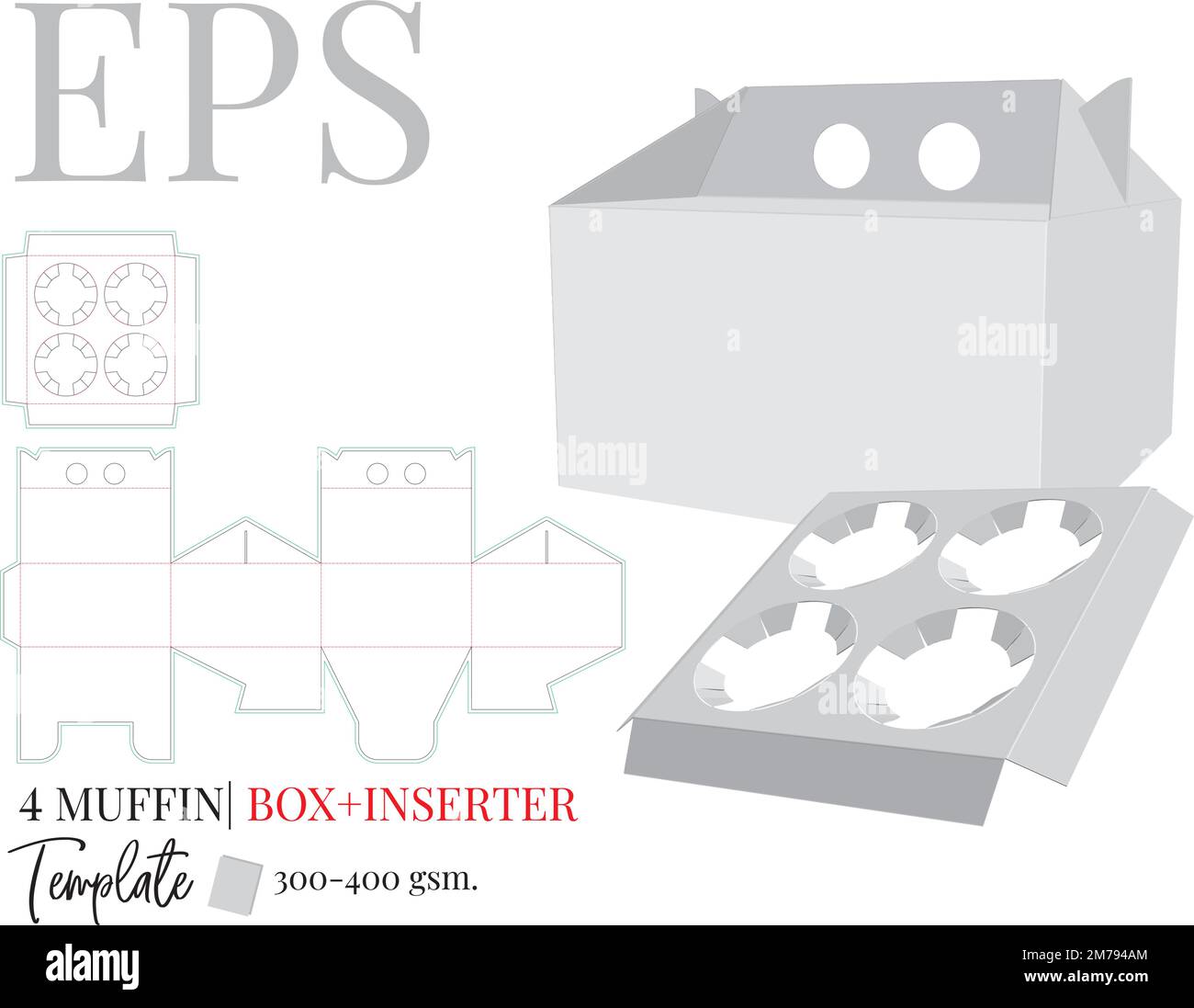 Muffin box die cut template with inserter inside, vector. White clear ...