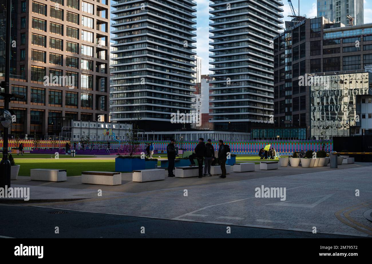 London - 01 26 2022: Play area in Bank Street with people and ...