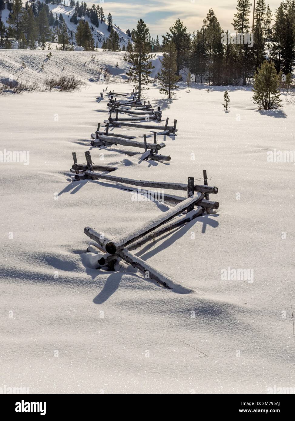 Winter snow near Stanley Idaho with iconic log fence Stock Photo - Alamy