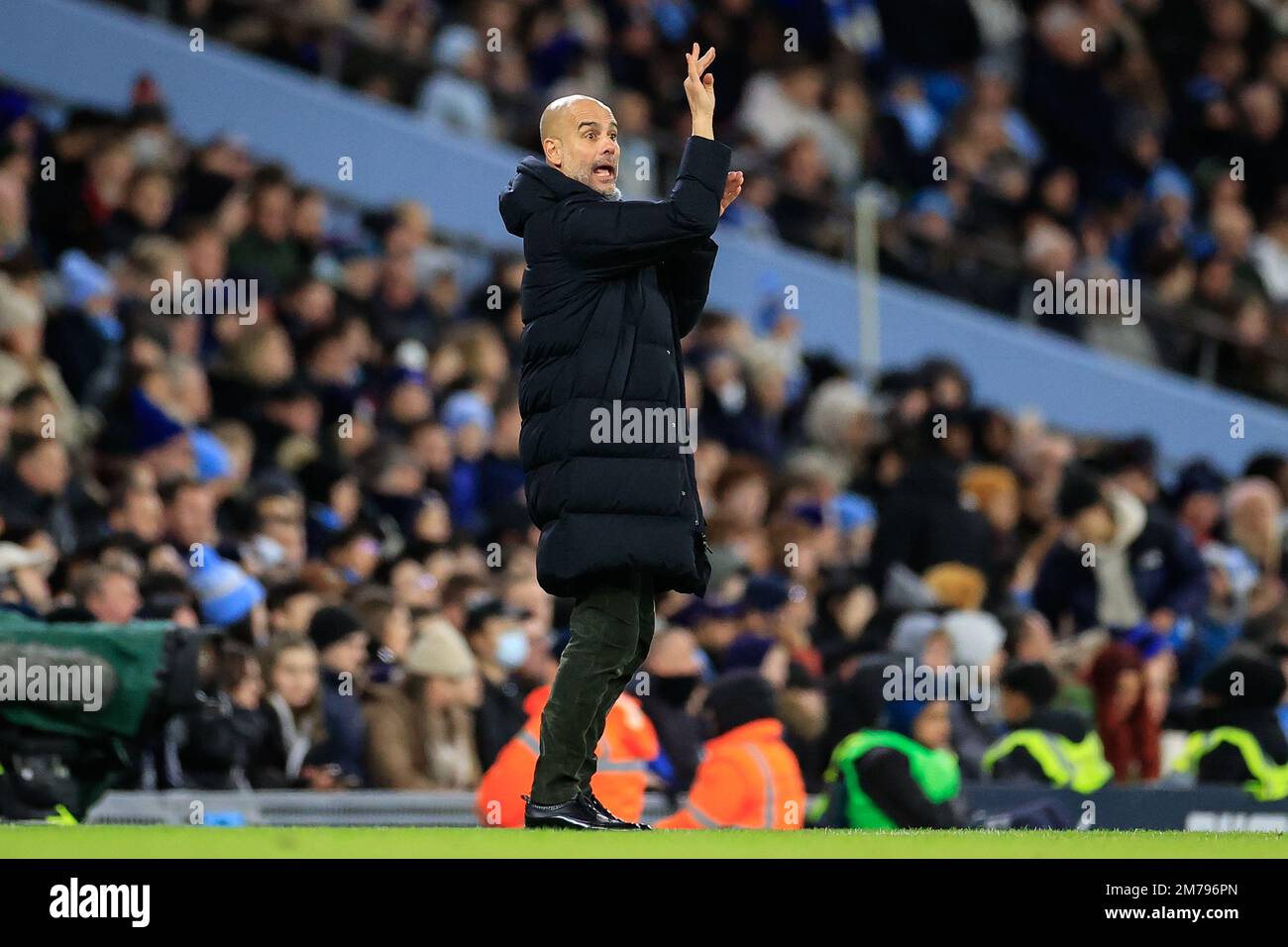 Josep Guardiola manager of Manchester City gestures and reacts during ...