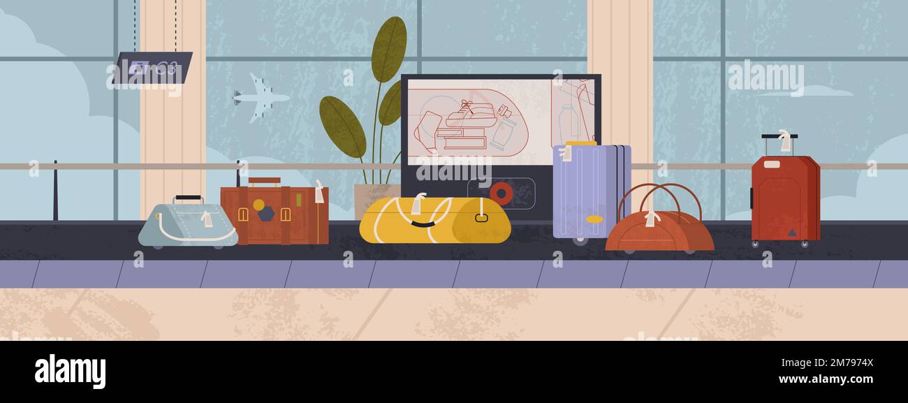 Flat airport conveyor belt with passenger luggage. Baggage claim area ...