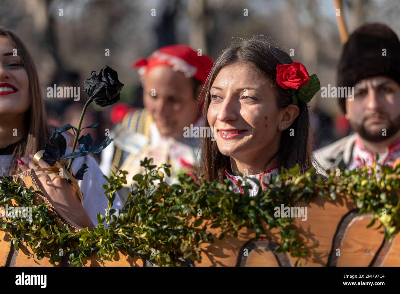 Sofia, Bulgaria - January 08, 2023: Unidentified woman in traditional kuker costume at the Surva ...