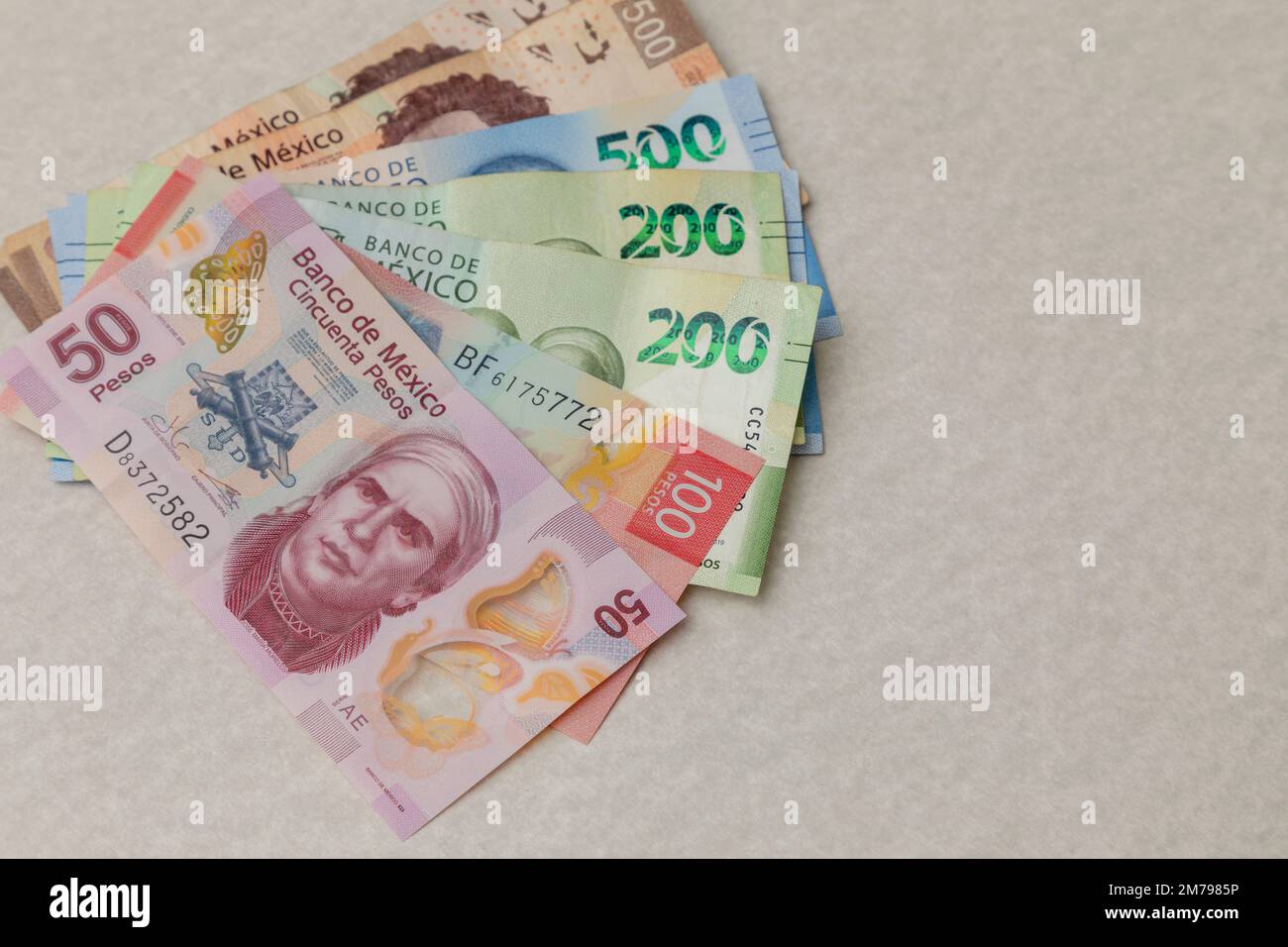 Bills of different denominations of Mexican pesos on a table Stock ...