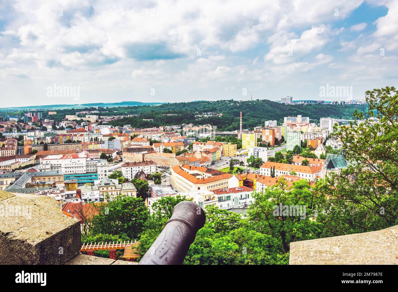 Brno city skyline photographed from Spilberk castle, with a cannon in ...