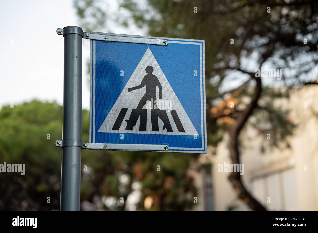 Road sign, crosswalk. Haifa, Israel. pedestrian crossing. Blue and ...