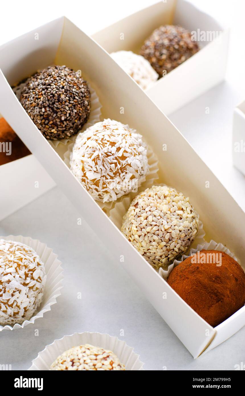 Assorted vegan sweets, Delicious Candy Balls with seeds, dried fruit ...