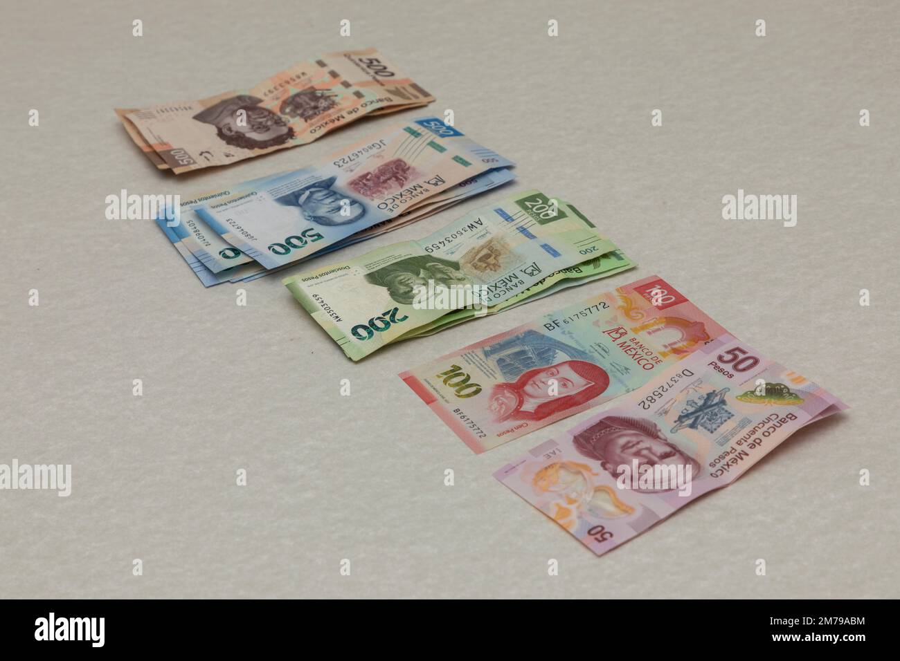 Group of 50,100,200 and 500 Mexican pesos bills on a table, with copy ...