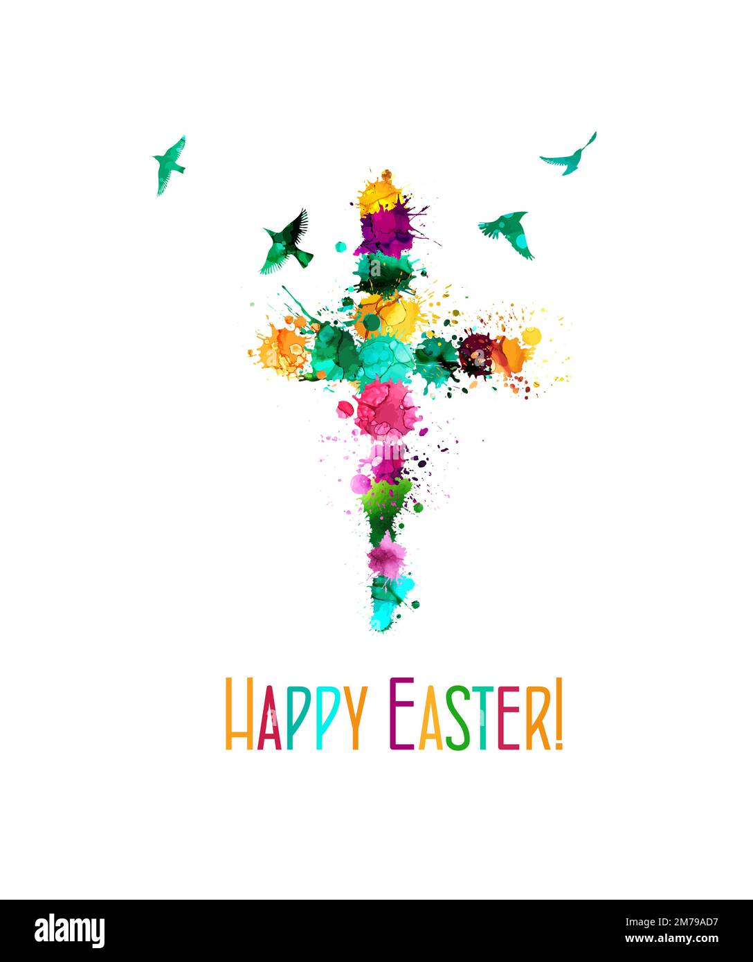 Happy easter cross colored. Flying birds. Vector illustration Stock ...