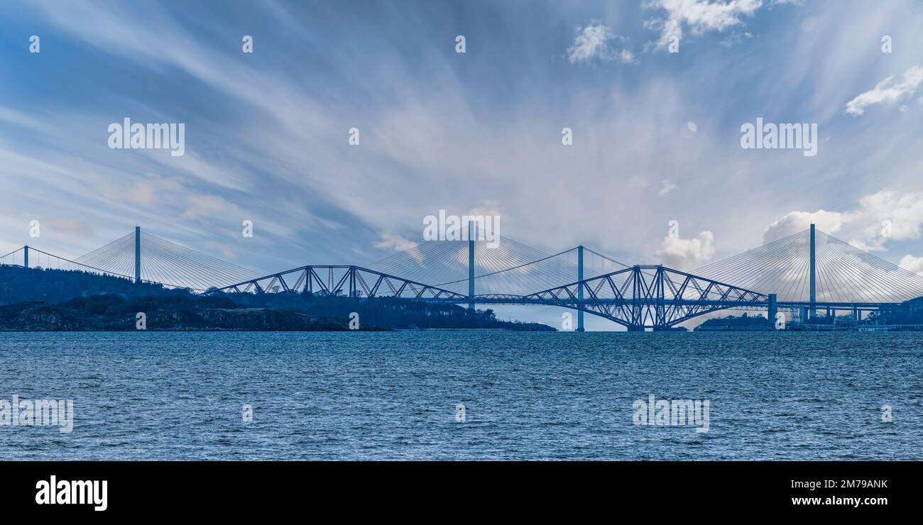 View of 3 bridges: Forth Rail Bridge, Forth Road Bridge and Queensferry ...