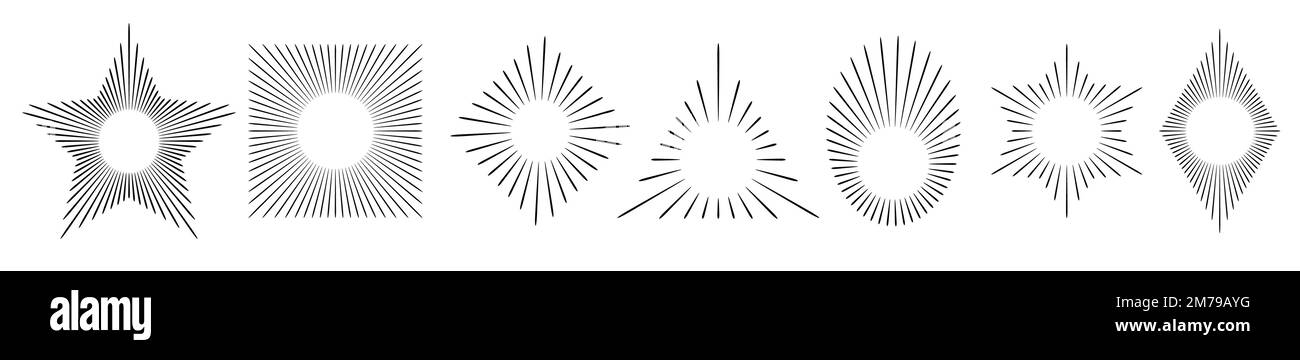 Sunburst, sunbeams inscribed in triangle, square, star, oval and ...