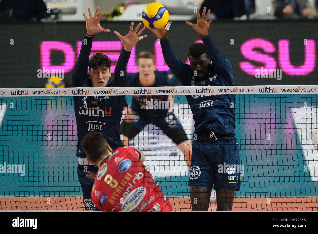 Block by Noumory Keita - WithU Verona and Leandro Mosca - WithU Verona during WithU Verona vs ...