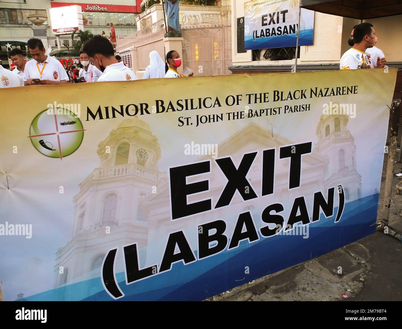 A huge banner with an exit sign is where the church goer will proceed ...