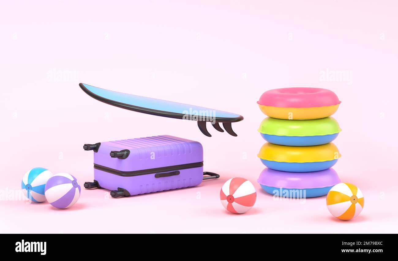 Colorful surfboard, beach rings and balls on pink background. 3D render ...