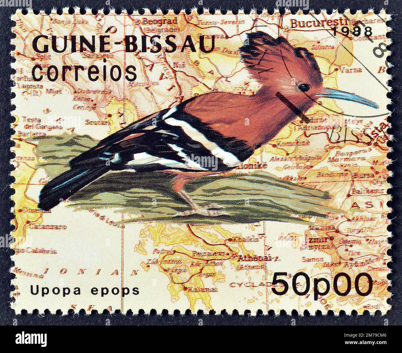 Cancelled postage stamp printed by Guinea Bissau, that shows Eurasian ...