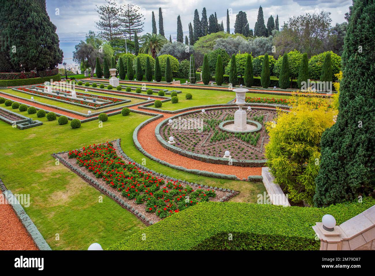 Amazing main terrace next to the Bab in Bahai gardens in Haifa. Cypress ...