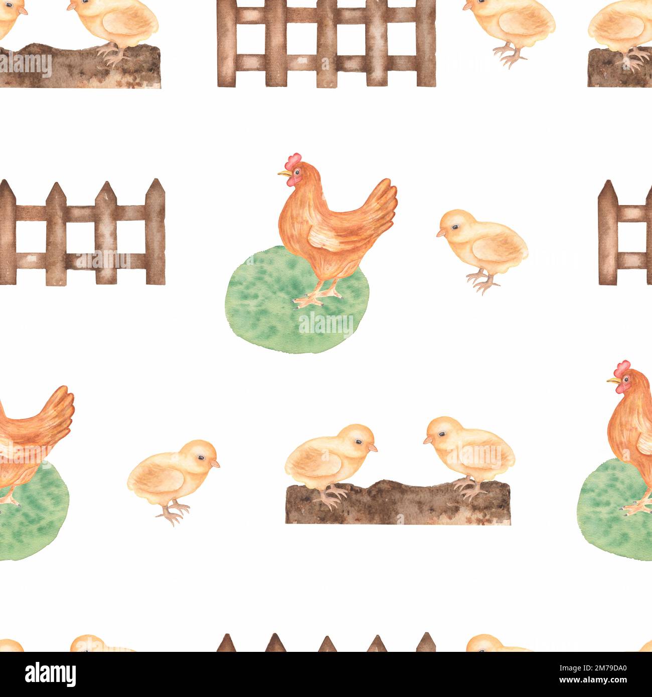 Watercolor farm seamless pattern. Hand drawn objects:hen, chicken,fence ...