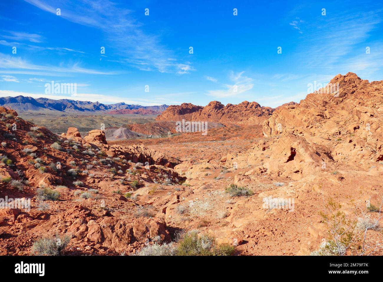 Arid desert landscape with eroded red rocks, sparse vegetation and dark ...