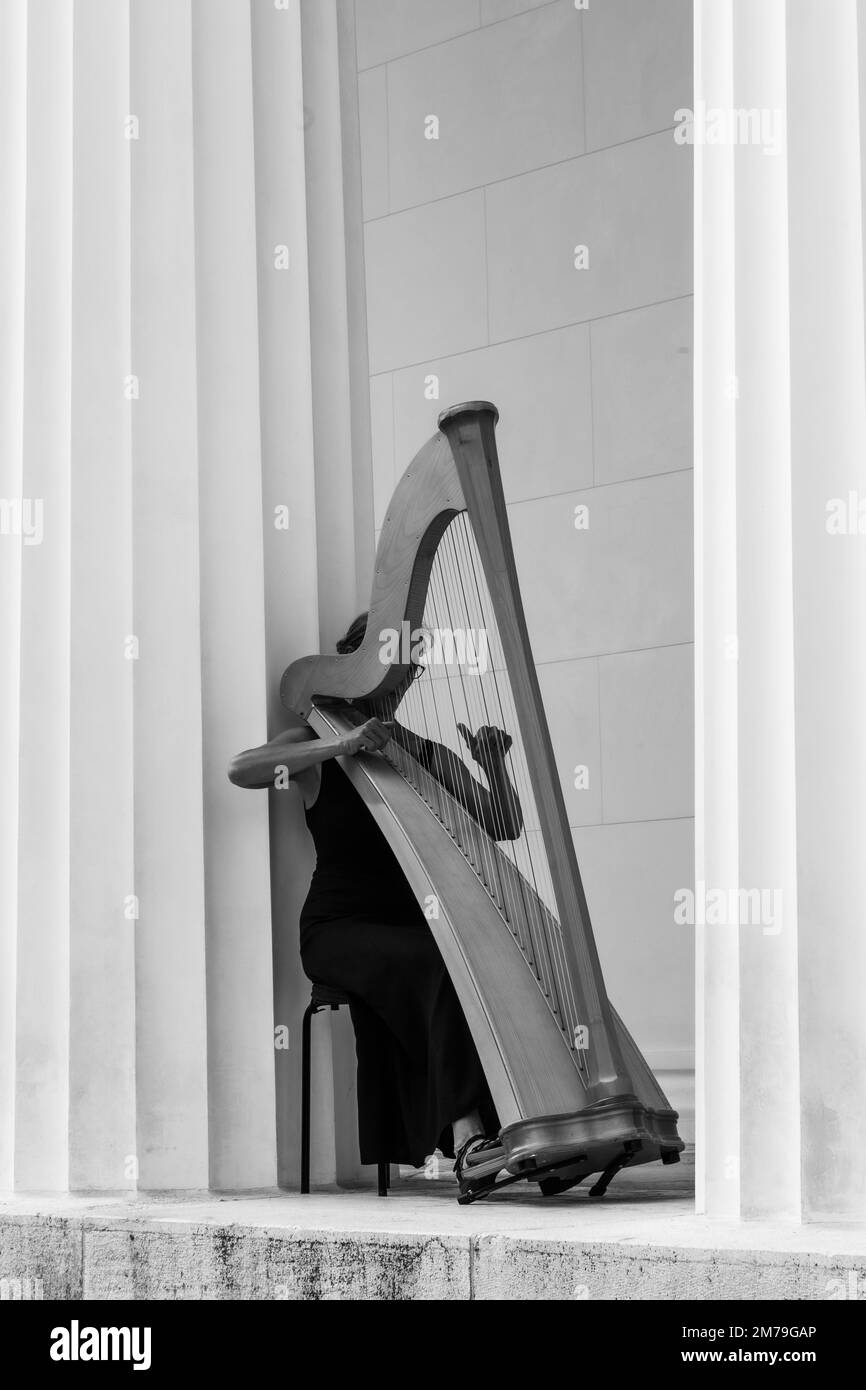 Lone female harpist, playing her harp between the columns of the ...