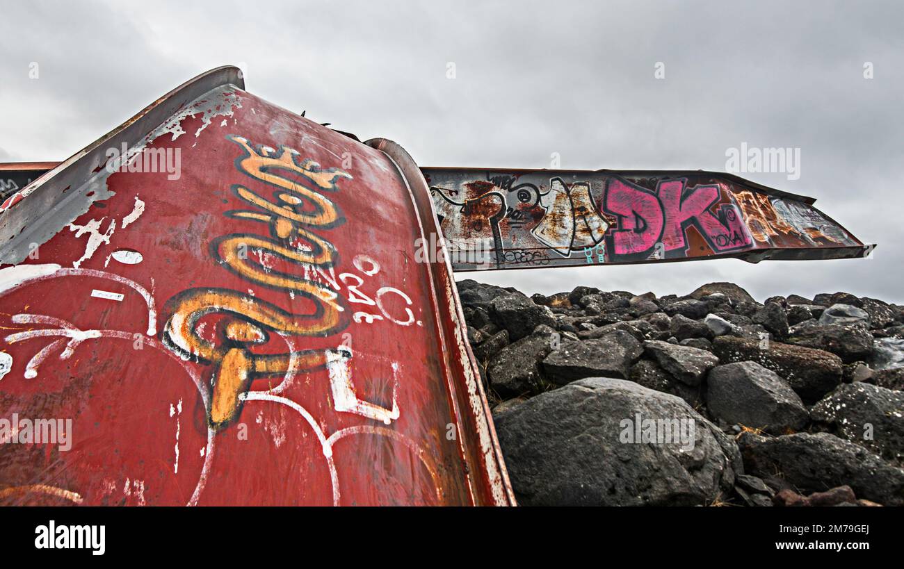 Graffiti on Icelandic Skeiðará Bridge memorial, a ruined bridge that ...
