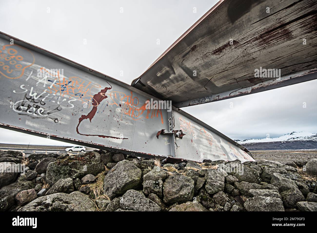 Graffiti on Icelandic Skeiðará Bridge memorial, a ruined bridge that ...
