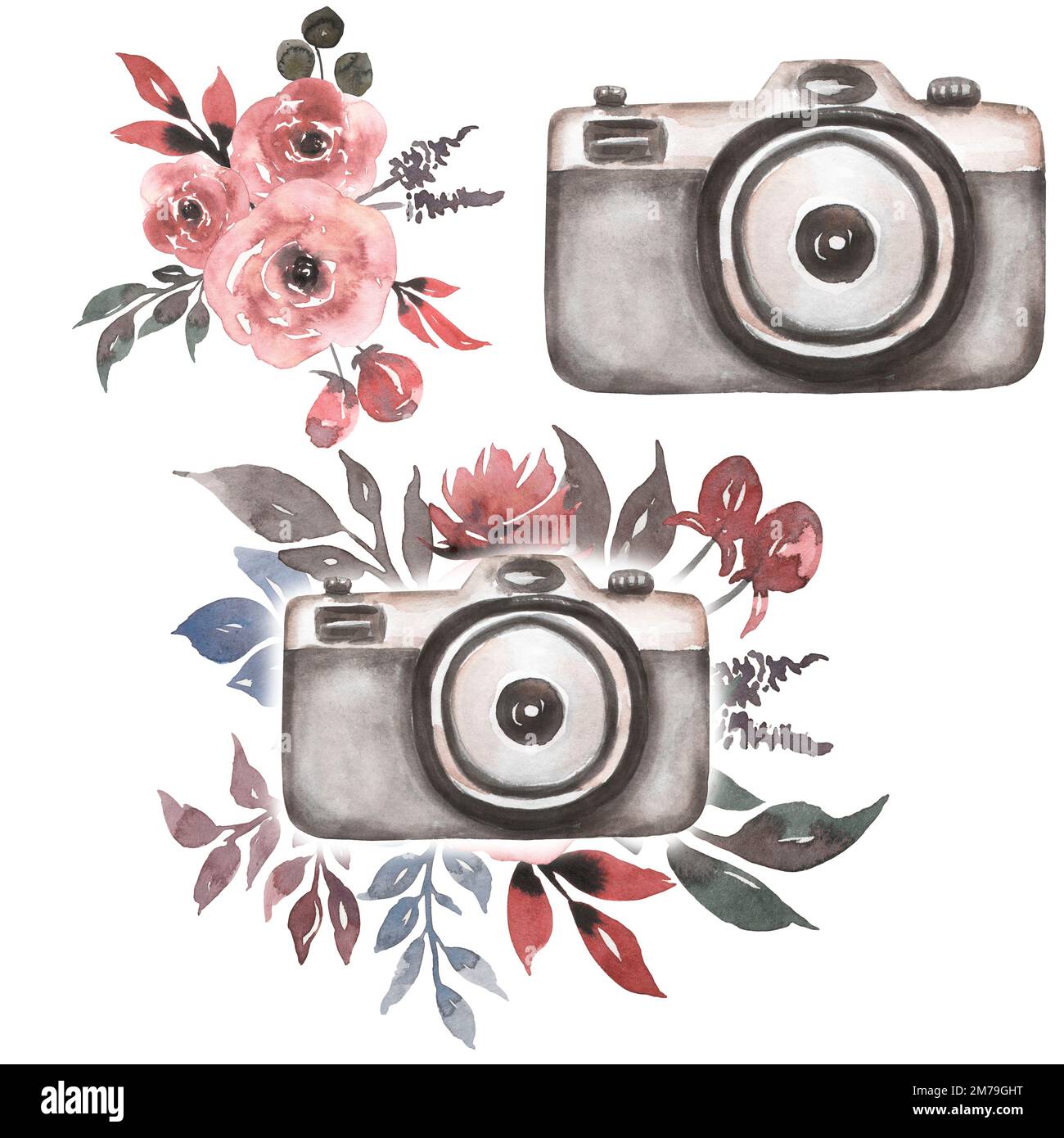 Watercolor Vintage camera clip art with gray pink bouquet. Perfect for ...