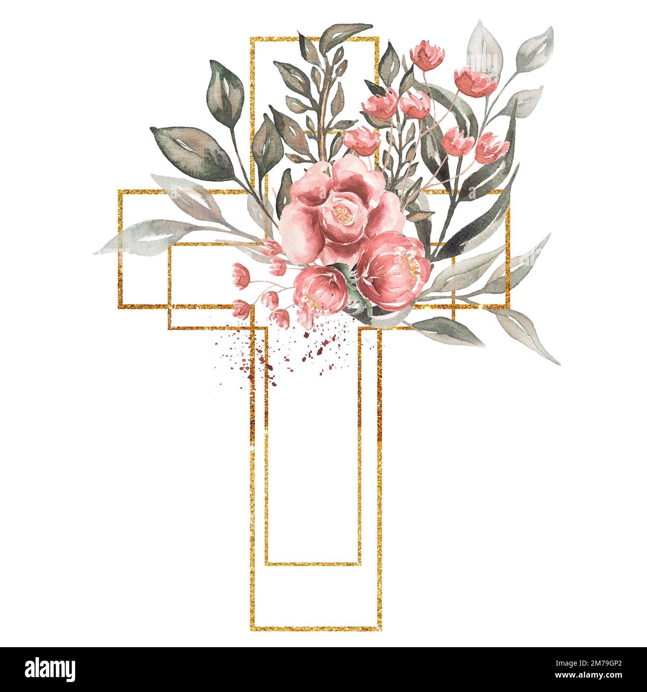 Watercolor hand painted Floral Cross Clipart, Easter Religious greenery ...